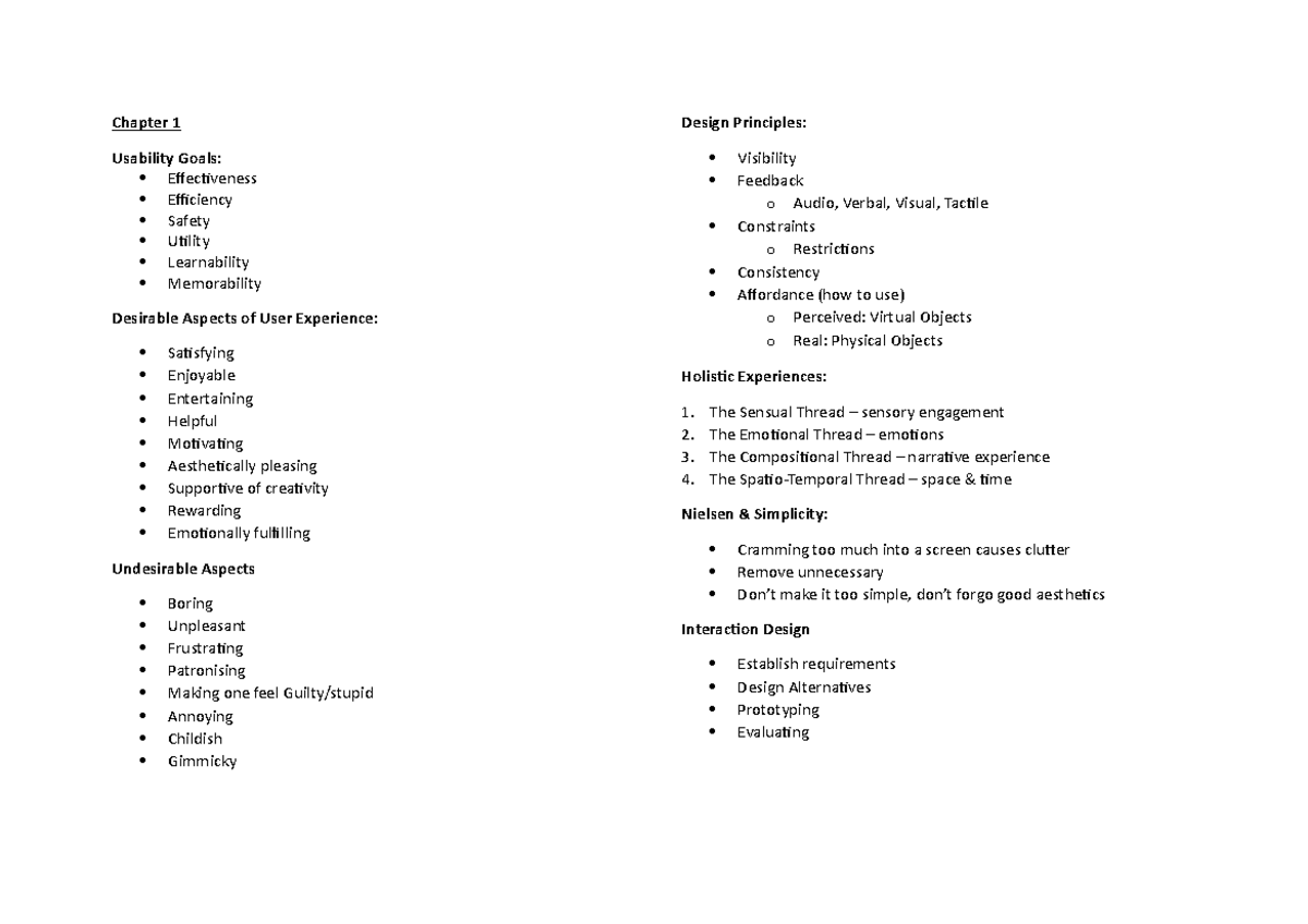 Summary - Chapter 1 Design Principles: Usability Goals: Effectiveness ...
