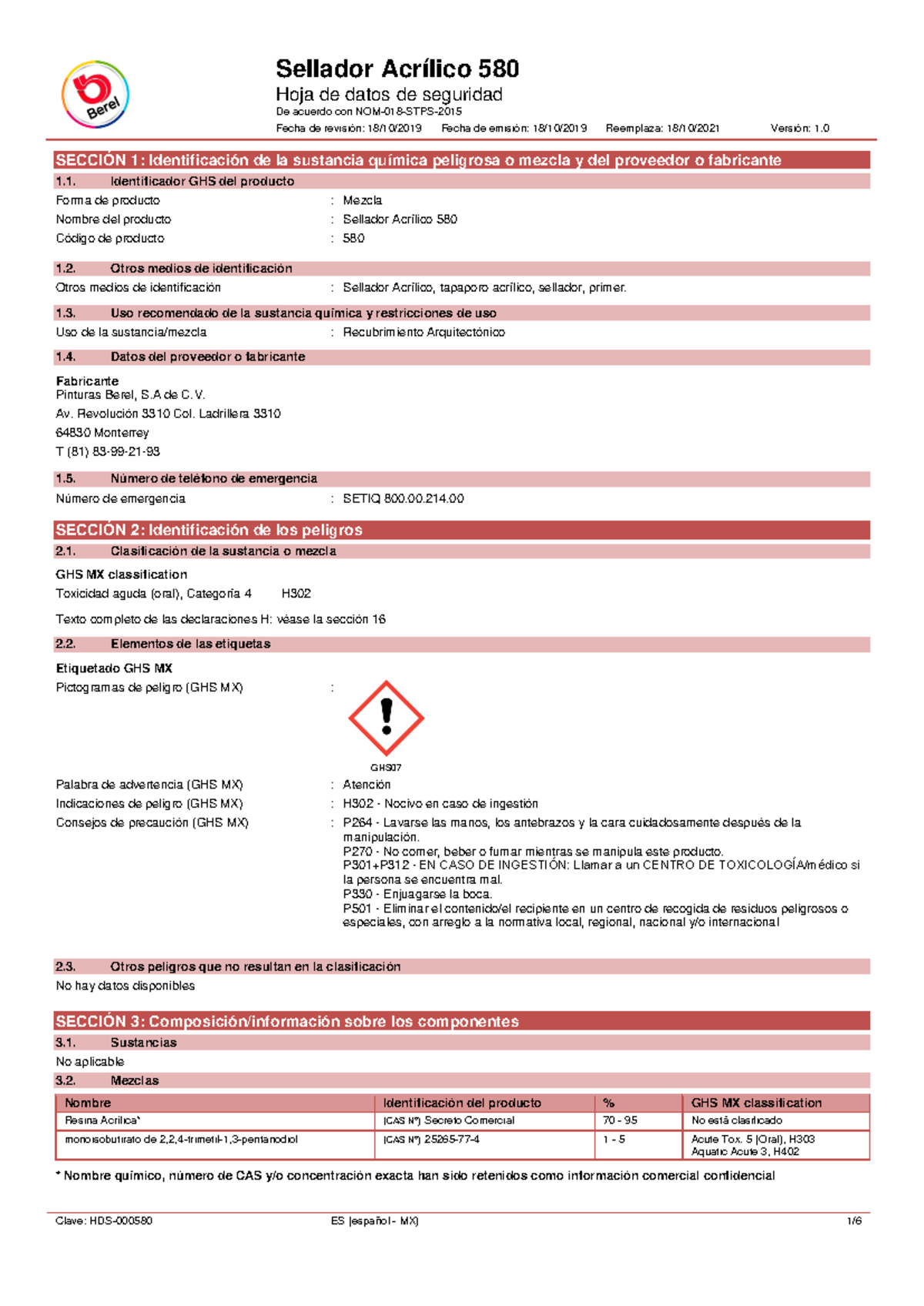 Hoja de Datos de Seguridad: Sellador Acrílico 580 - HDS - Studocu