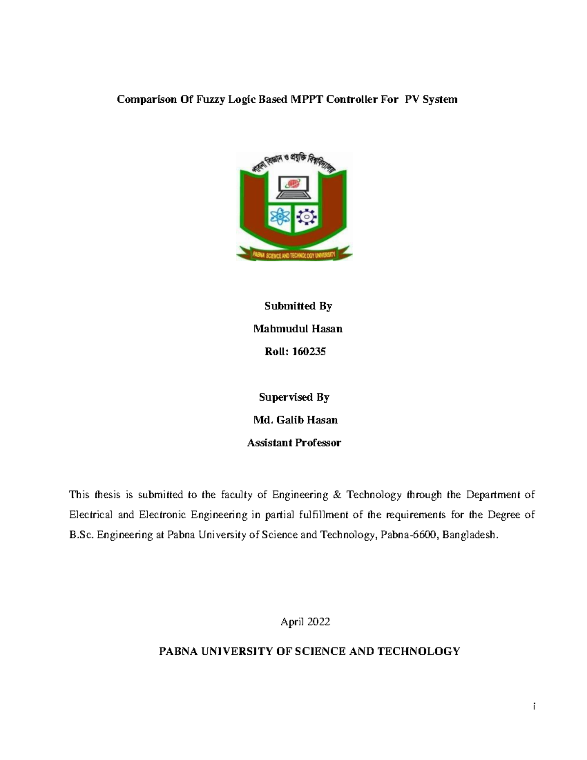Complete Thesis - i Comparison Of Fuzzy Logic Based MPPT Controller For PV System Submitted By ...