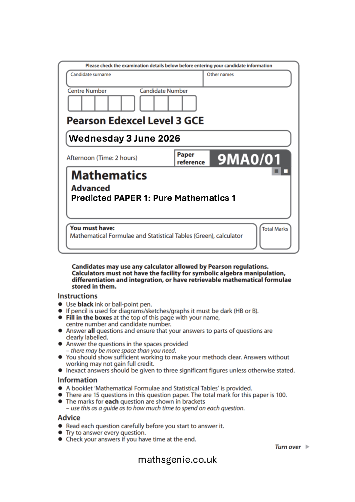 PAPER 1: Pure Mathematics 1 - Predicted Questions for June 2026 - Studocu