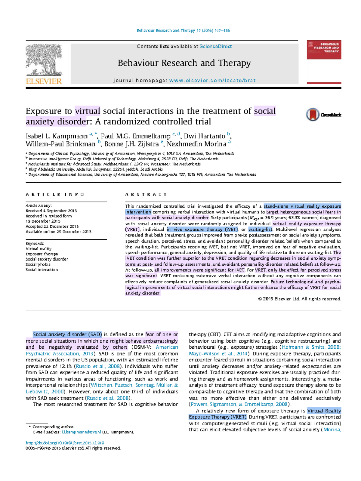 Exposure to Virtual Social Interactions for Social Anxiety Disorder: A ...