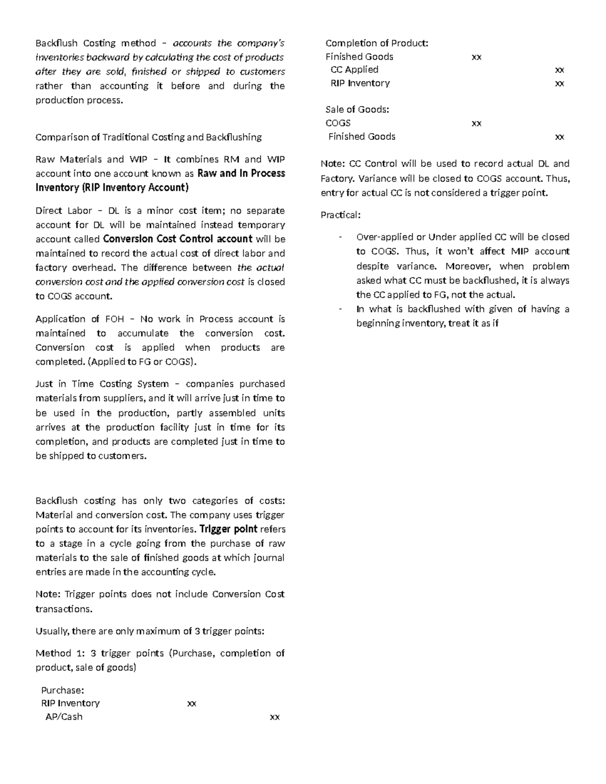 Cost Accounting (ACCT 301): Backflush Costing Review Notes - Studocu