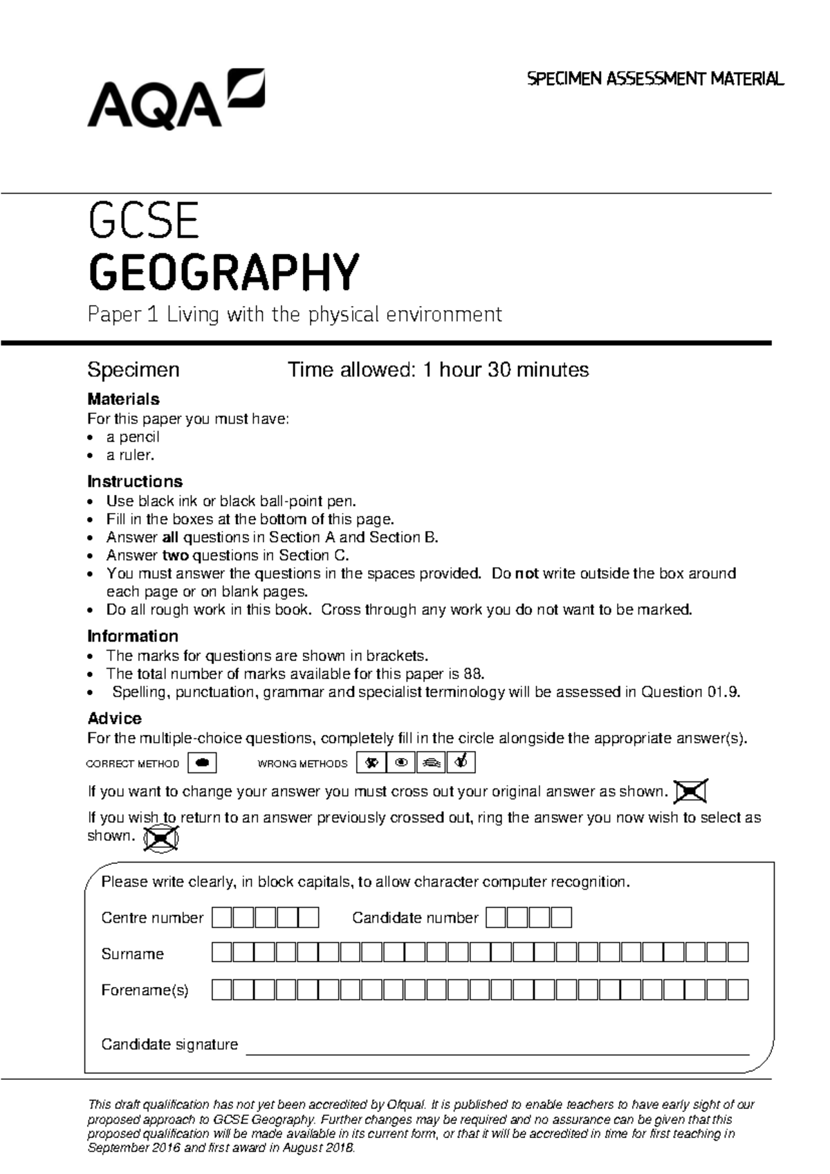 AQA GCSE Geography Specimen Paper 1: Living with the Physical ...