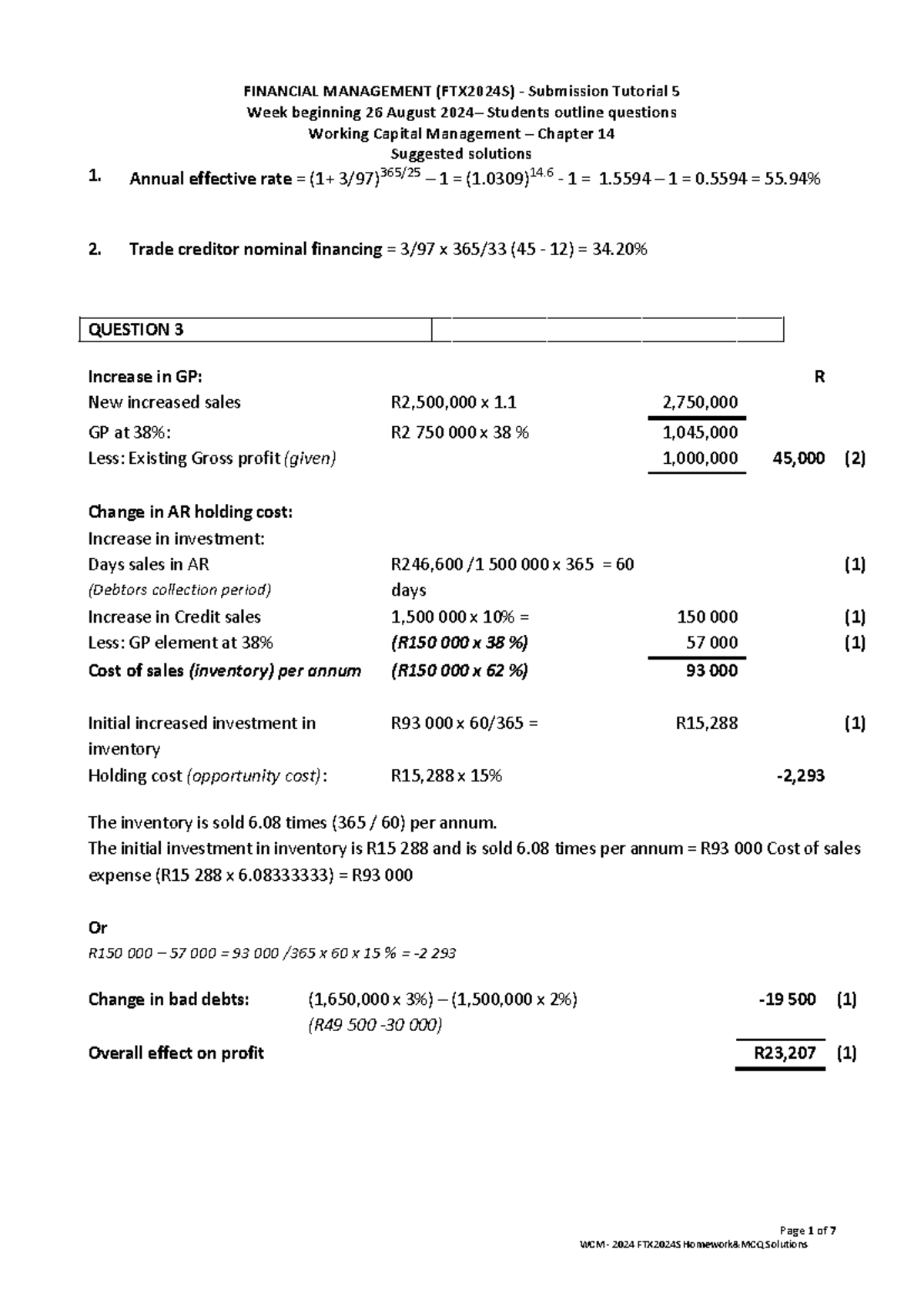 Tutorial 5 Solutions - Memo - Page 1 of 7 FINANCIAL MANAGEMENT (FTX2024S) - Submission Tutorial ...
