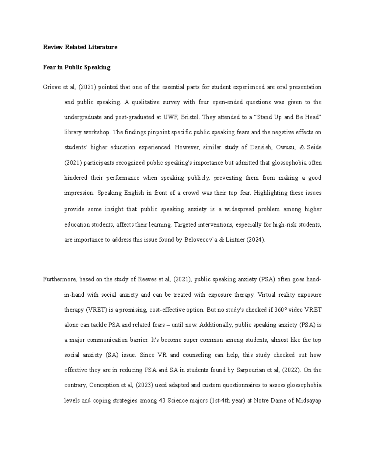 RRL: Understanding Fear in Public Speaking Among Students - Studocu