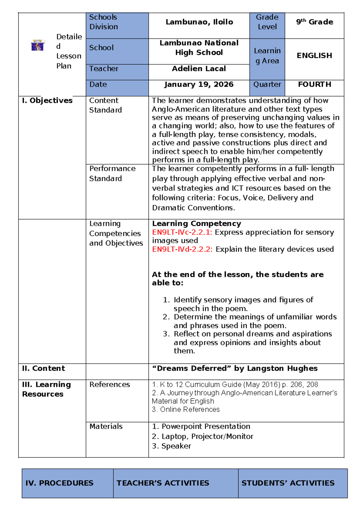 LP - Detailed Lesson Plan on "Dreams Deferred" (9th Grade, English ...