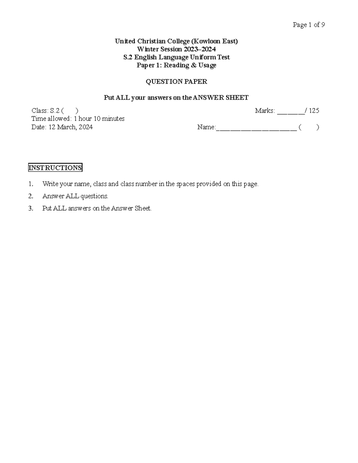 23-24 UT S2 ENG Winter Session Reading Usage Test Paper 1 - Studocu