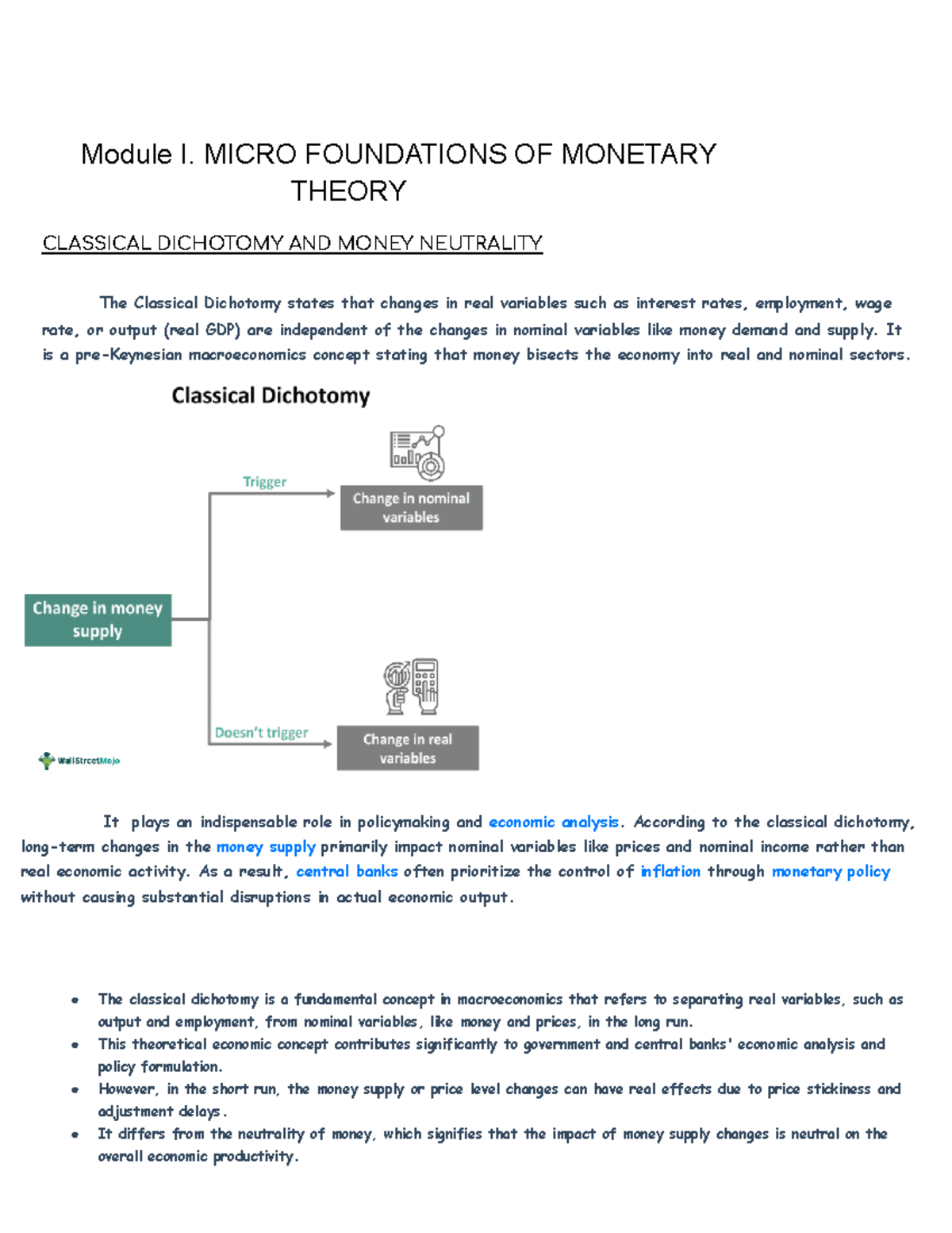Module I: Micro Foundations of Monetary Theory - Classical Dichotomy ...
