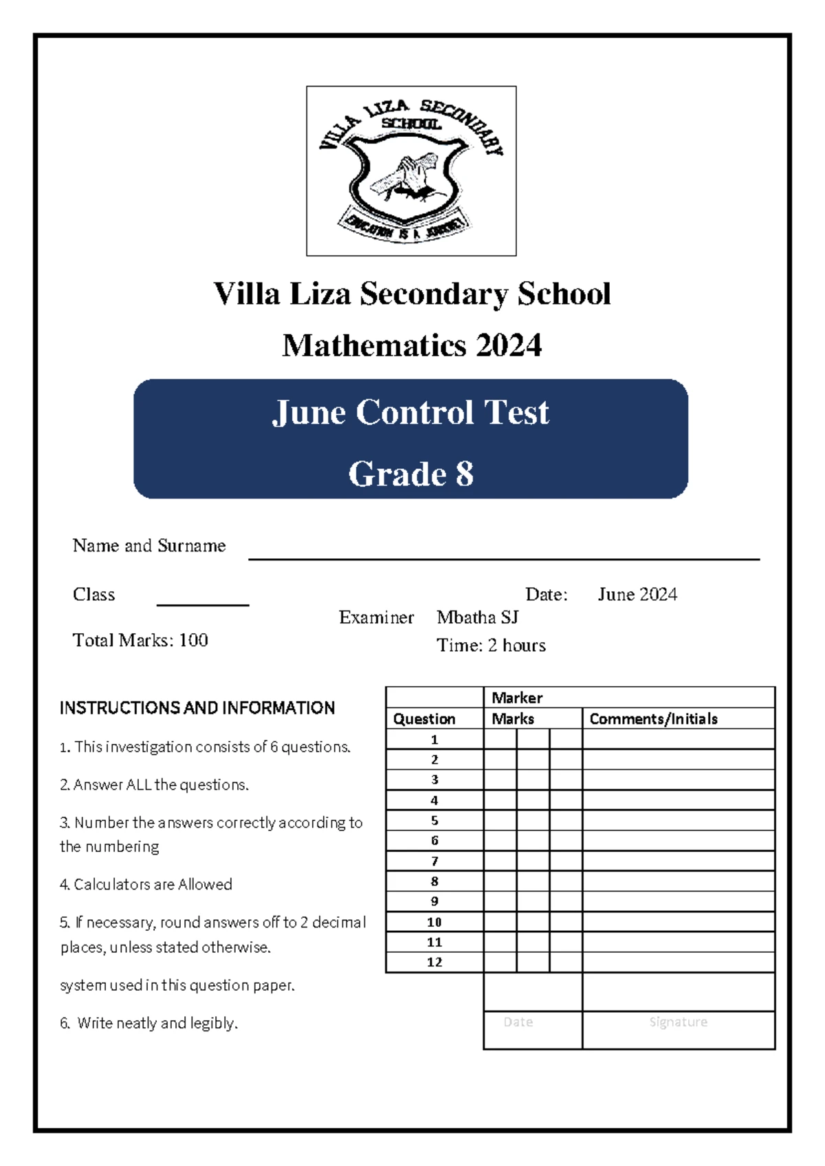 Grade 8 June Control Test Memorandum - Math Answers and Explanations ...