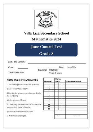 Mathematics Grade 10 June Exam Paper 2 - 2024 Control Test - Studocu