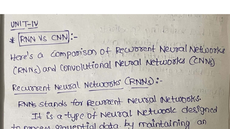 DL Unit-4: Key Comparisons of RNNs and CNNs with Insights - Studocu