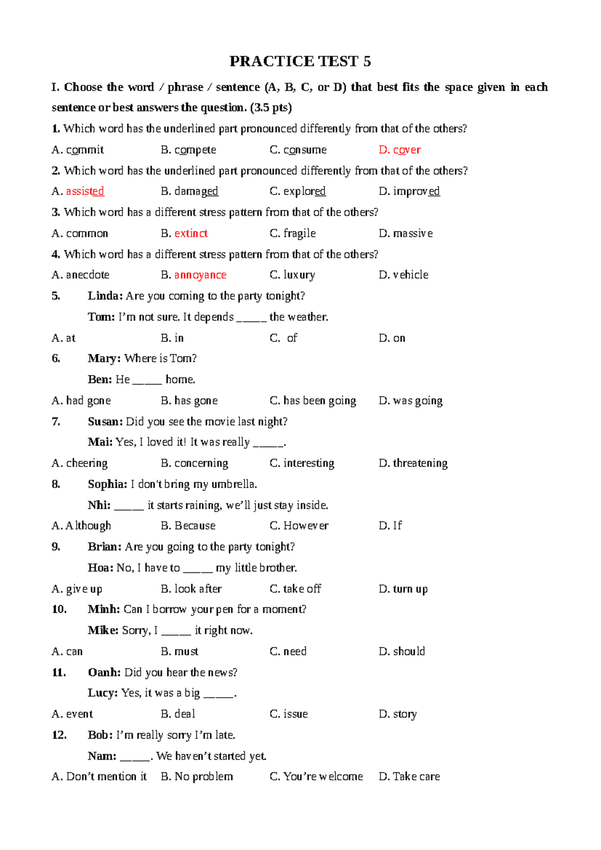 PRACTICE TEST 5: English Exam Prep for 10th Grade Admission - Studocu