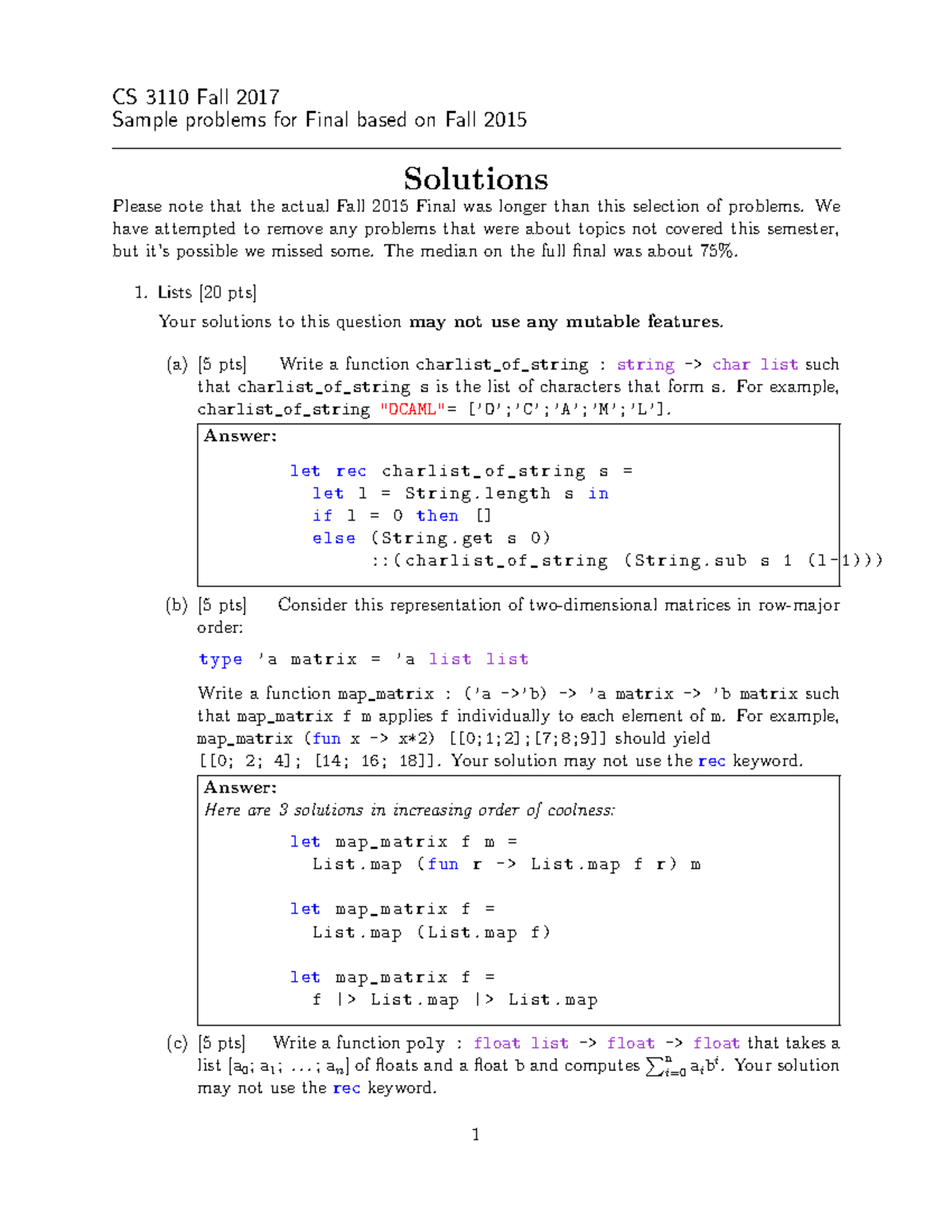 CS 3110 FA - Solutions for Fall 2017 Final Exam Sample Problems - Studocu