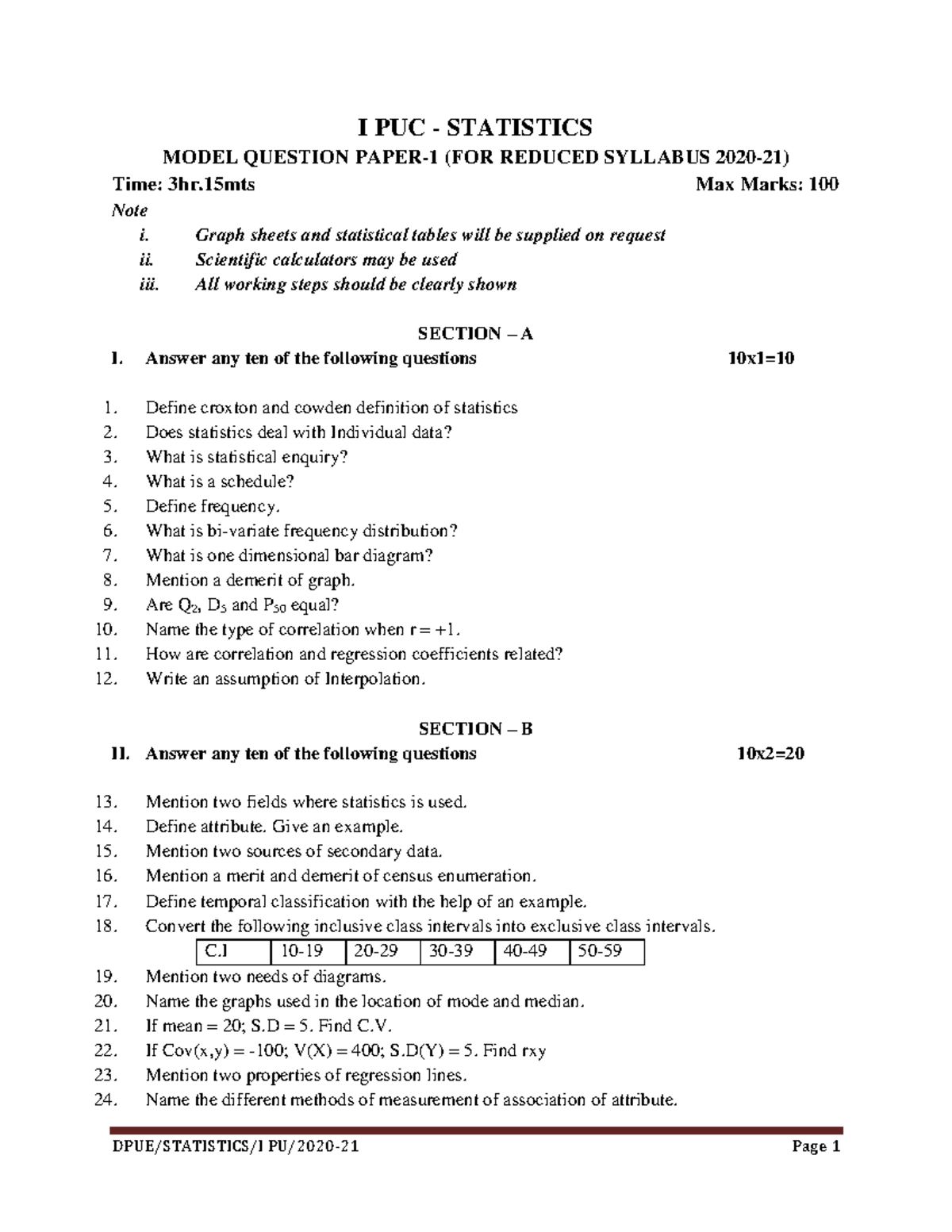 I PUC Statistics - Model Question Paper 1 & 2 Notes (2020-21) - Studocu
