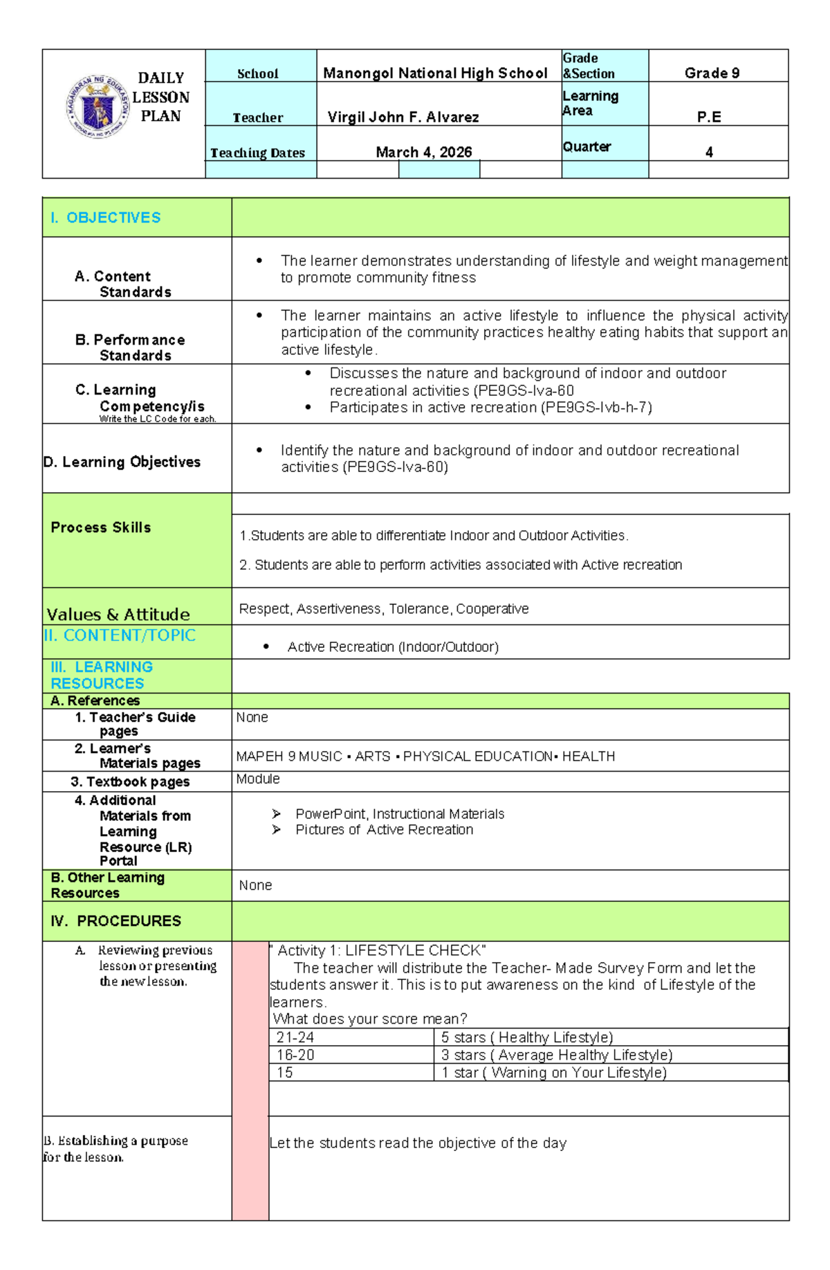 DAILY LESSON PLAN: Active Recreation for Grade 9 MAPEH 9 - Studocu