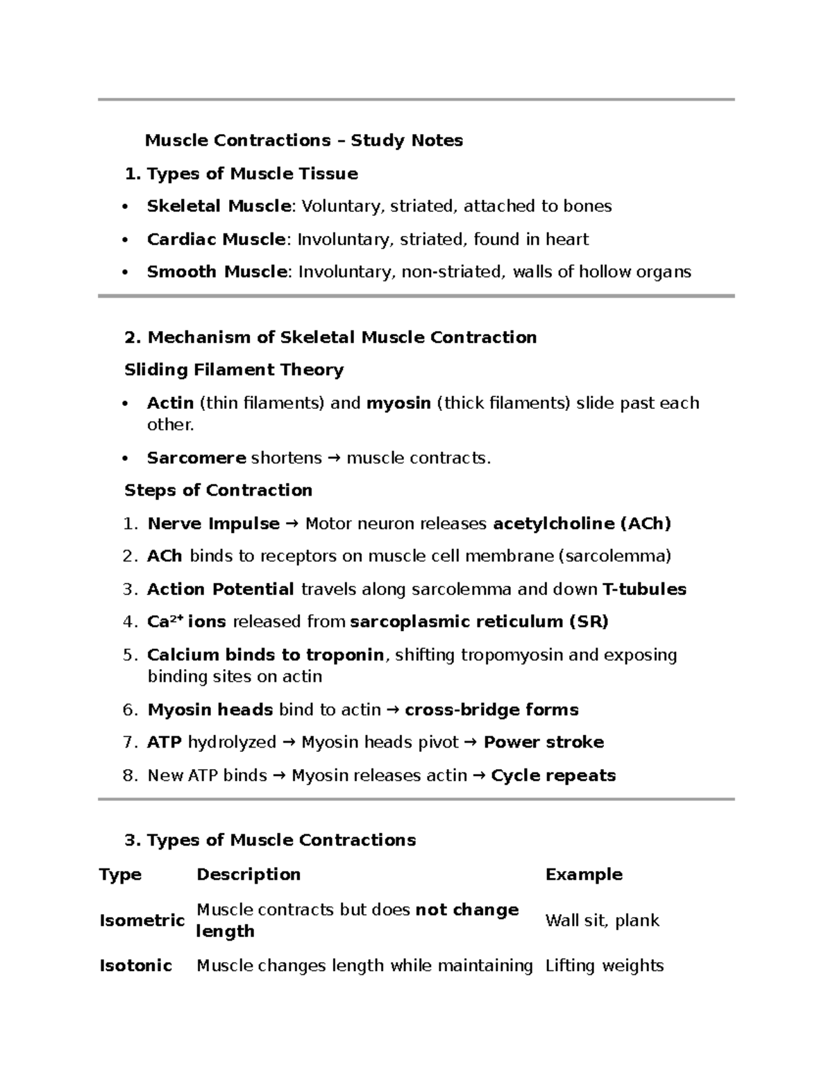 Muscle Contraction Study Notes: Types, Mechanisms, and Energy Sources ...