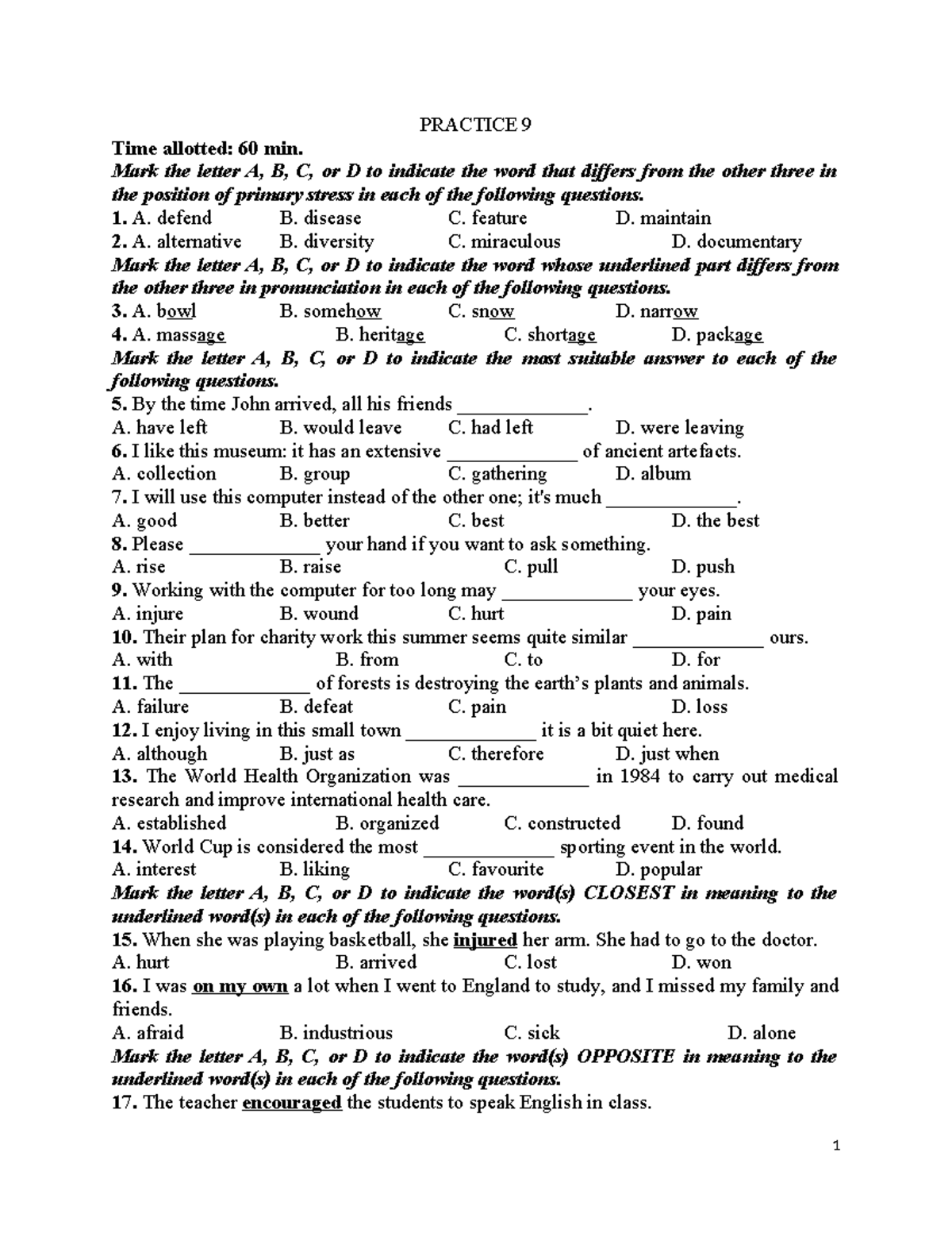 Practice Test 9: Questions and Answers for Language Skills - Studocu
