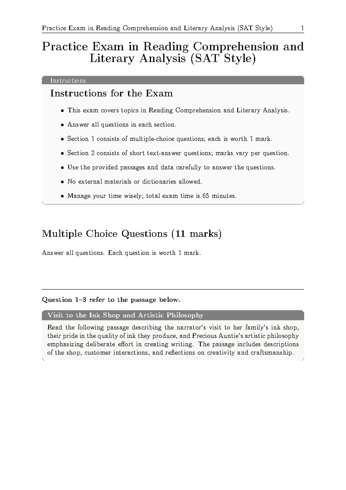 SAT Practice Exam: Reading Comprehension & Literary Analysis - Studocu