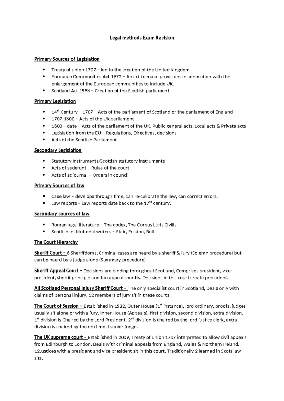 Legal Methods Exam Revision Notes: Key Legislation & Court Structures ...