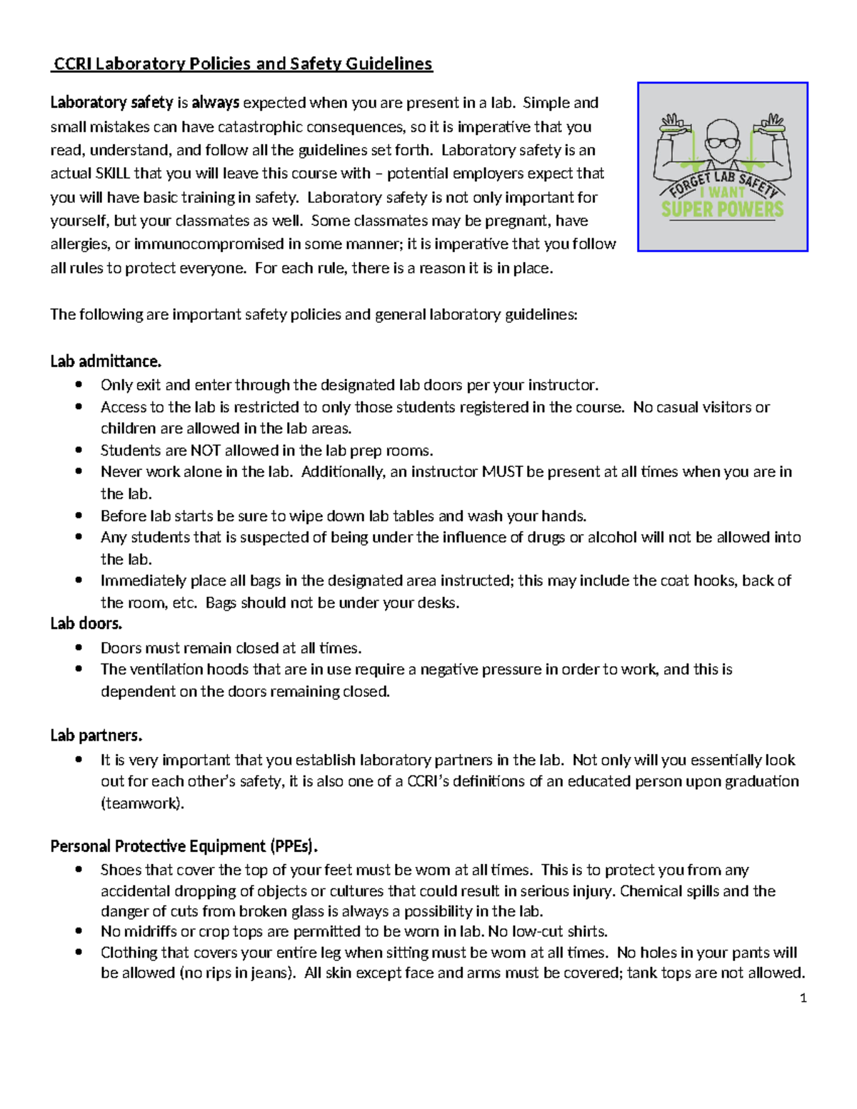 CCRI Laboratory safety Guidelines - CCRI Laboratory Policies and Safety ...