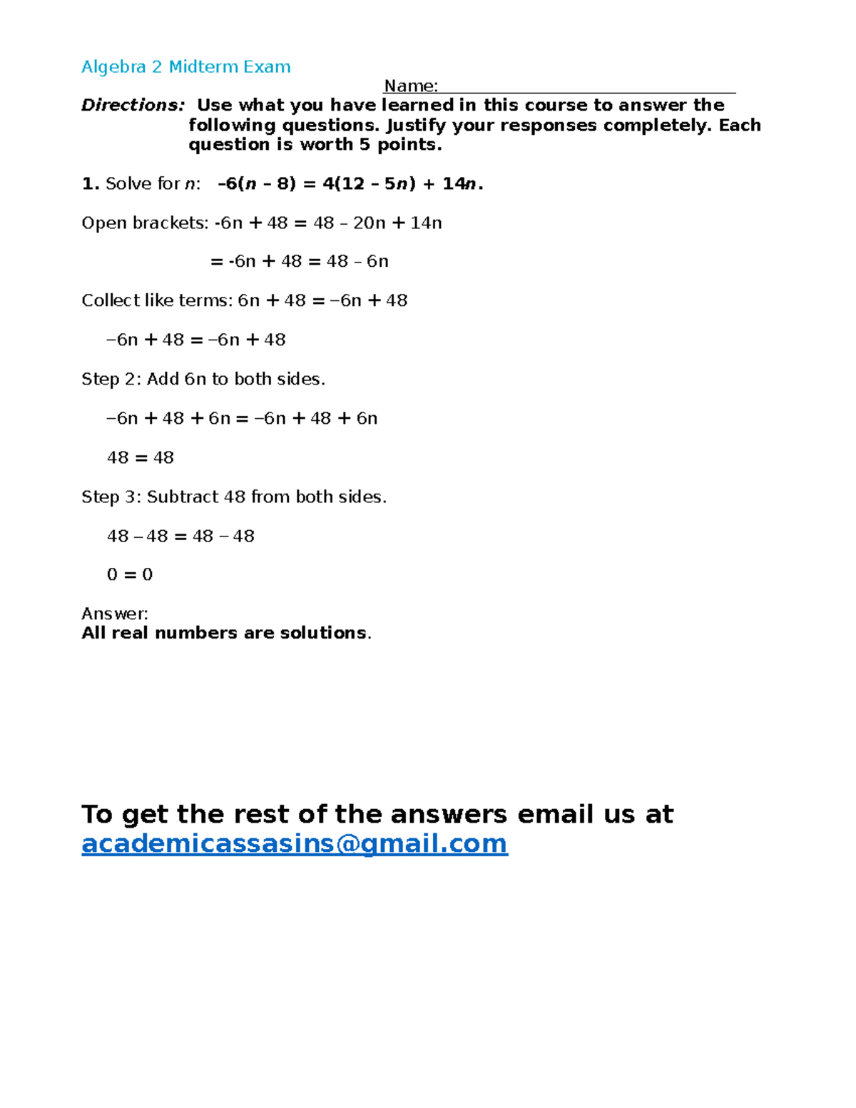 Algebra 2 Midterm Exam - Q&A Solutions (12 June 2019) - Studocu