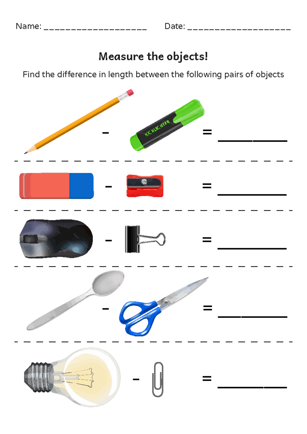 Measure Object Lengths - 3rd Grade Worksheet - Name ...