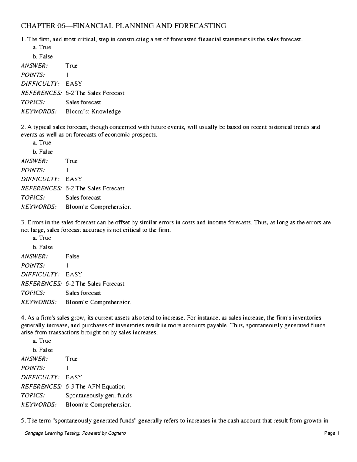 CHAPTER 06 FINANCIAL PLANNING AND FORECASTING: Key Concepts and True/False - Studocu