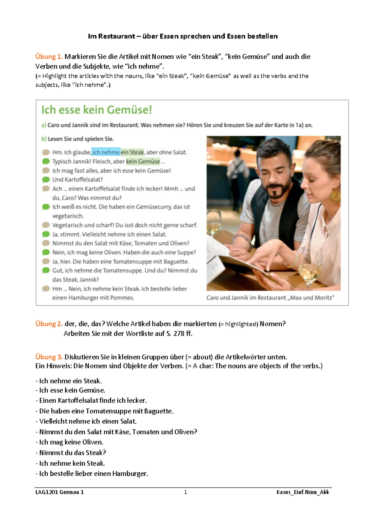LAG1201 German 1: Im Restaurant – Artikel und Verben üben - Studocu