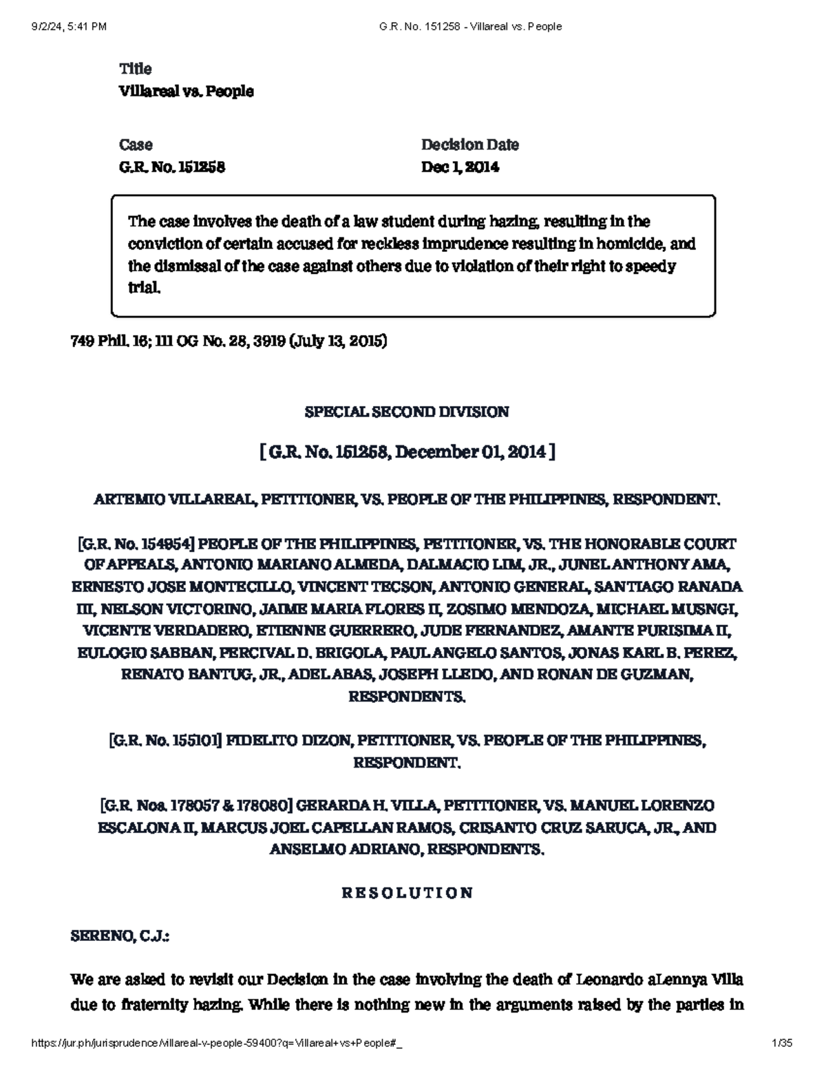 G.R. No. 151258 Villareal vs. People: Case Analysis on Reckless ...