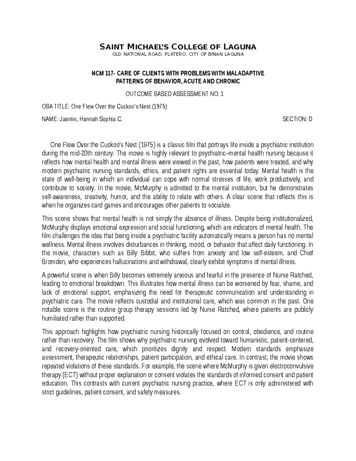 NCM 117 - OBA 1: Analysis of "One Flew Over the Cuckoo's Nest" - Studocu