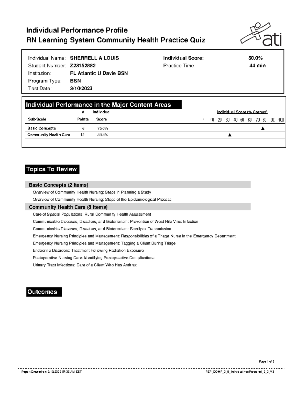 ATI Learning System 3.0 Community Health RN Quiz Performance Report ...
