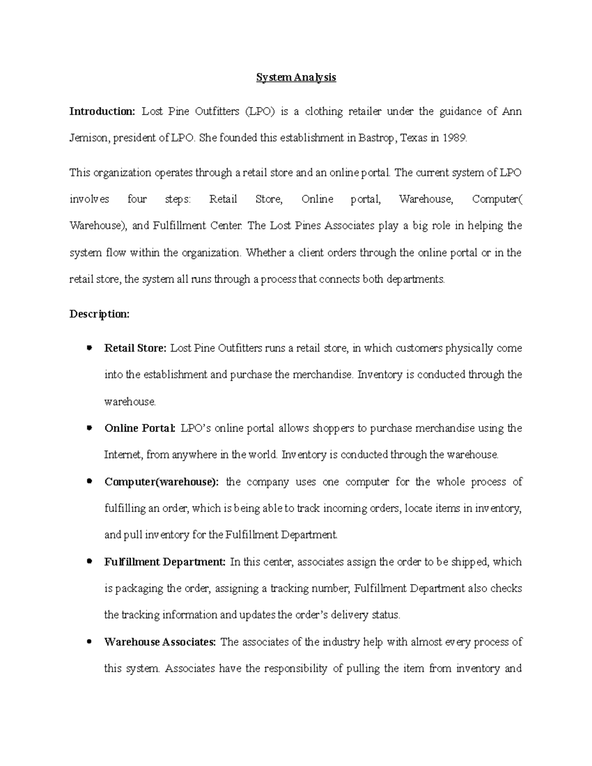 System Analysis Module 8: Overview of Lost Pine Outfitters Operations ...
