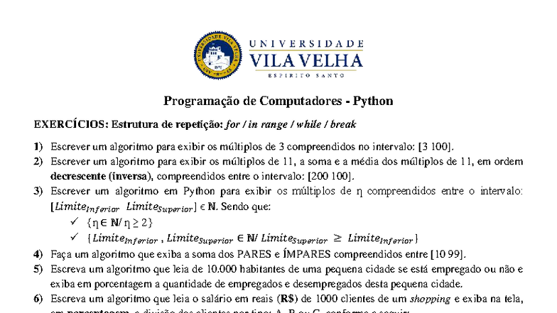 Lista de exercícios 2-Python - Prof. Alessandro Bertolani Oliveira ...