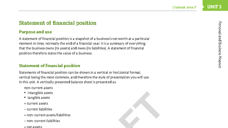 Statement of Financial Position: Personal & Business Finance UNIT 3 ...