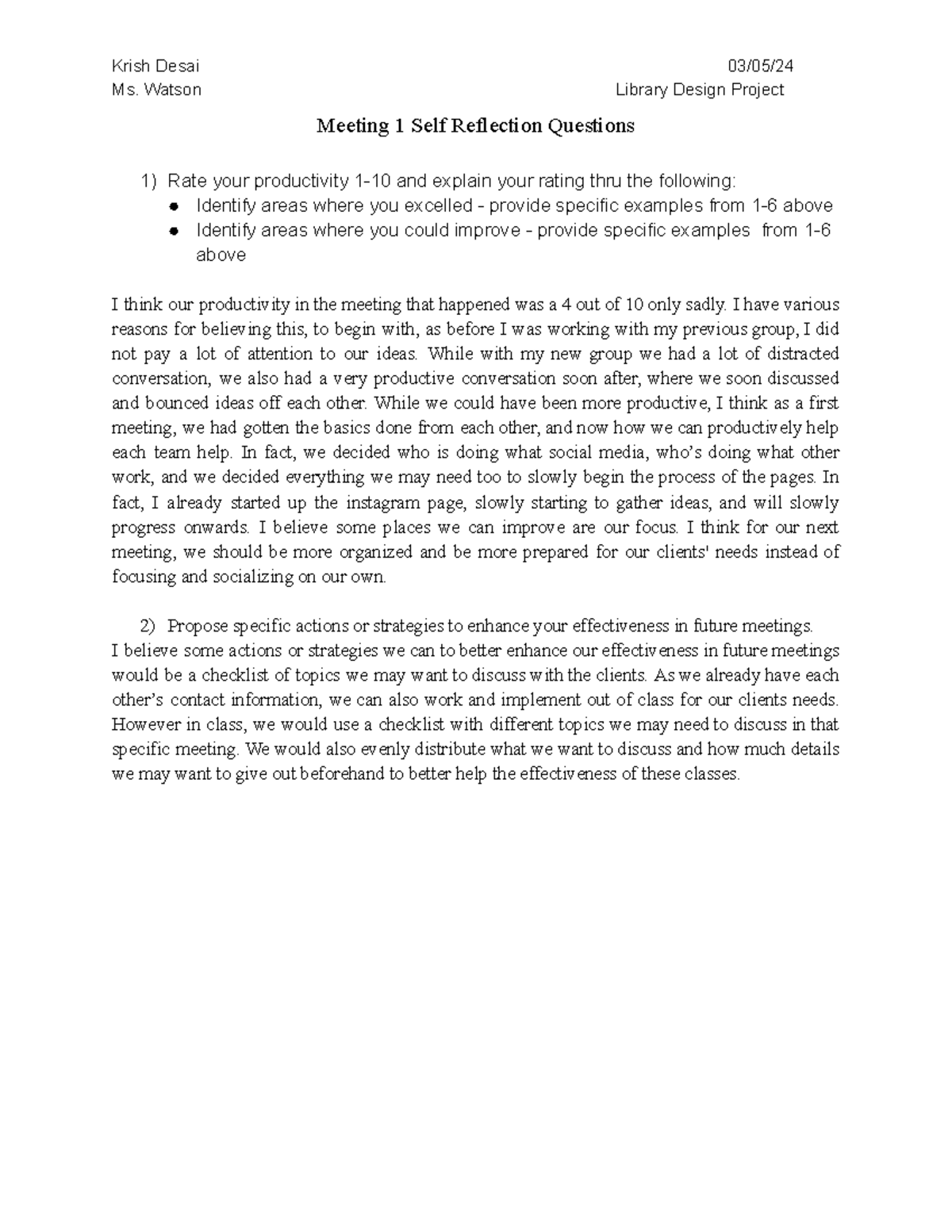 Krish Desai MS. Watson Library Design Project Meeting 1 Reflection ...