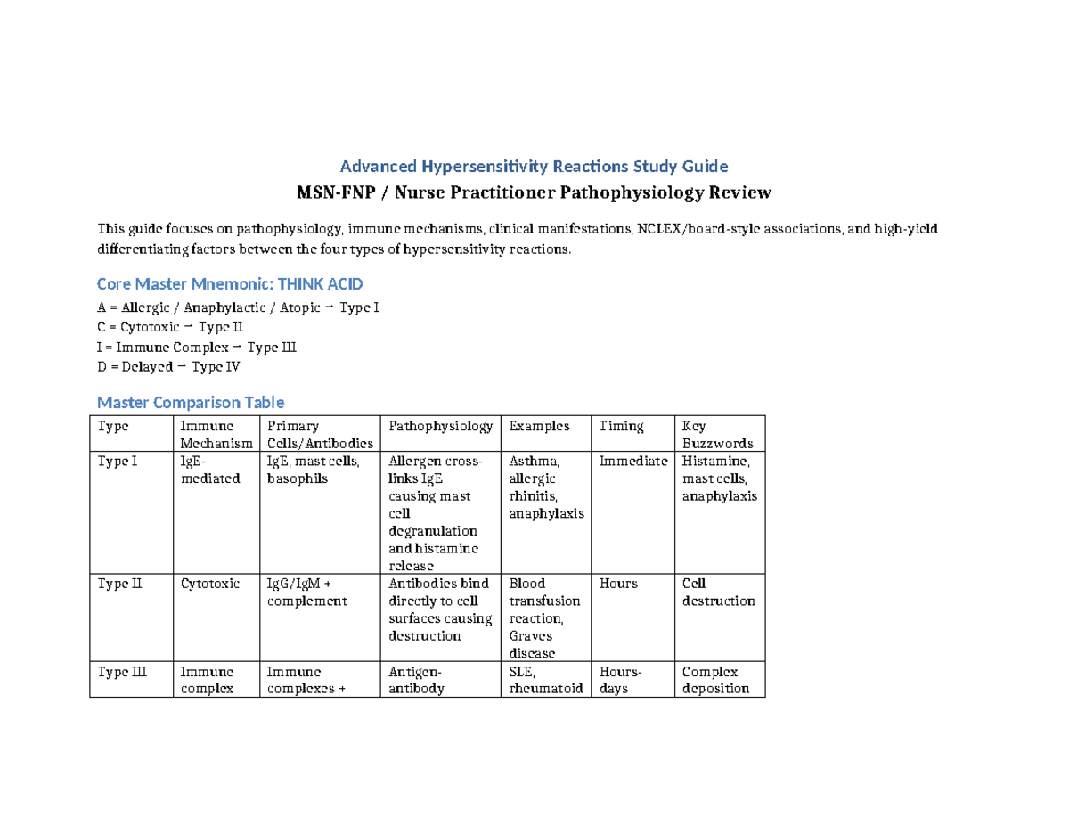 Advanced Hypersensitivity Pathophysiology Study Guide for NP Exam - Studocu