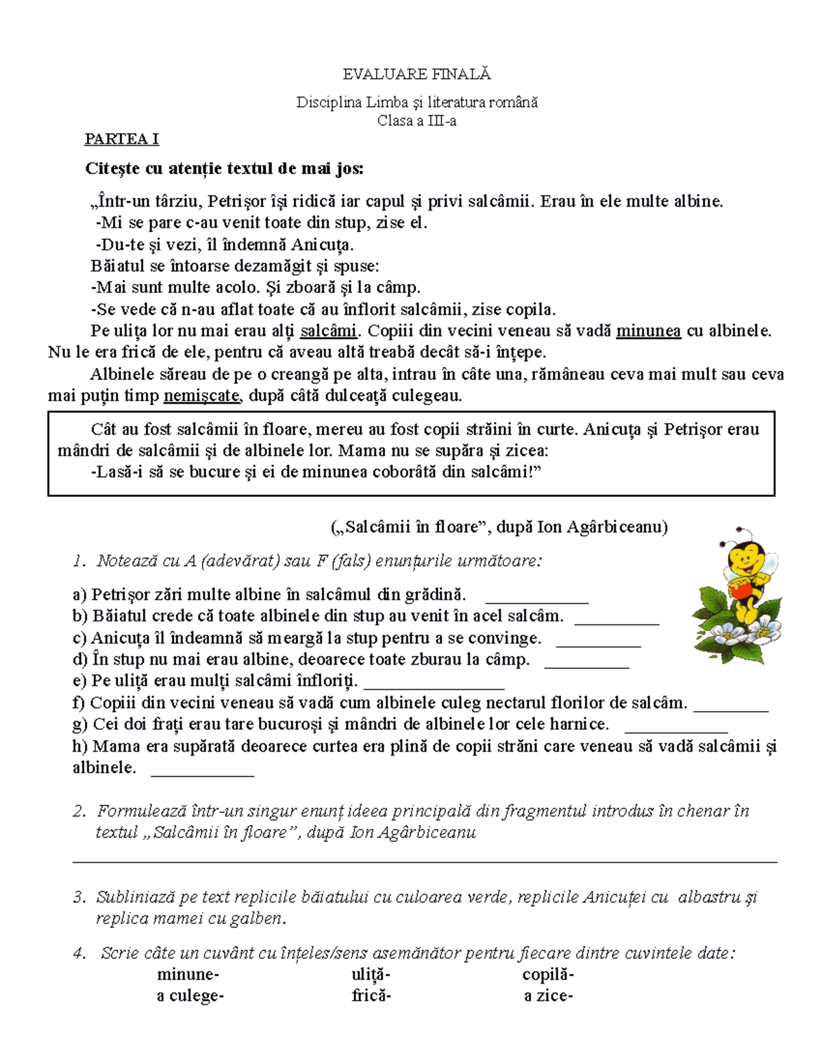 Evaluare Finală Limba Română Clasa a III-a – Exemple și Exerciții - Studocu