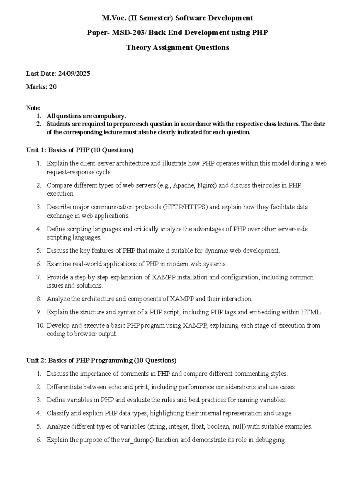 M.Voc. (II Sem) PHP Back End Development Theory Assignment Questions ...