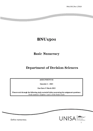 BNU1501 Assignment 1 Semester 1 Memo 2025 - Bnu1501 - ASSIGNMENT SEMESTER BNU - DUE: 13 MARCH ...