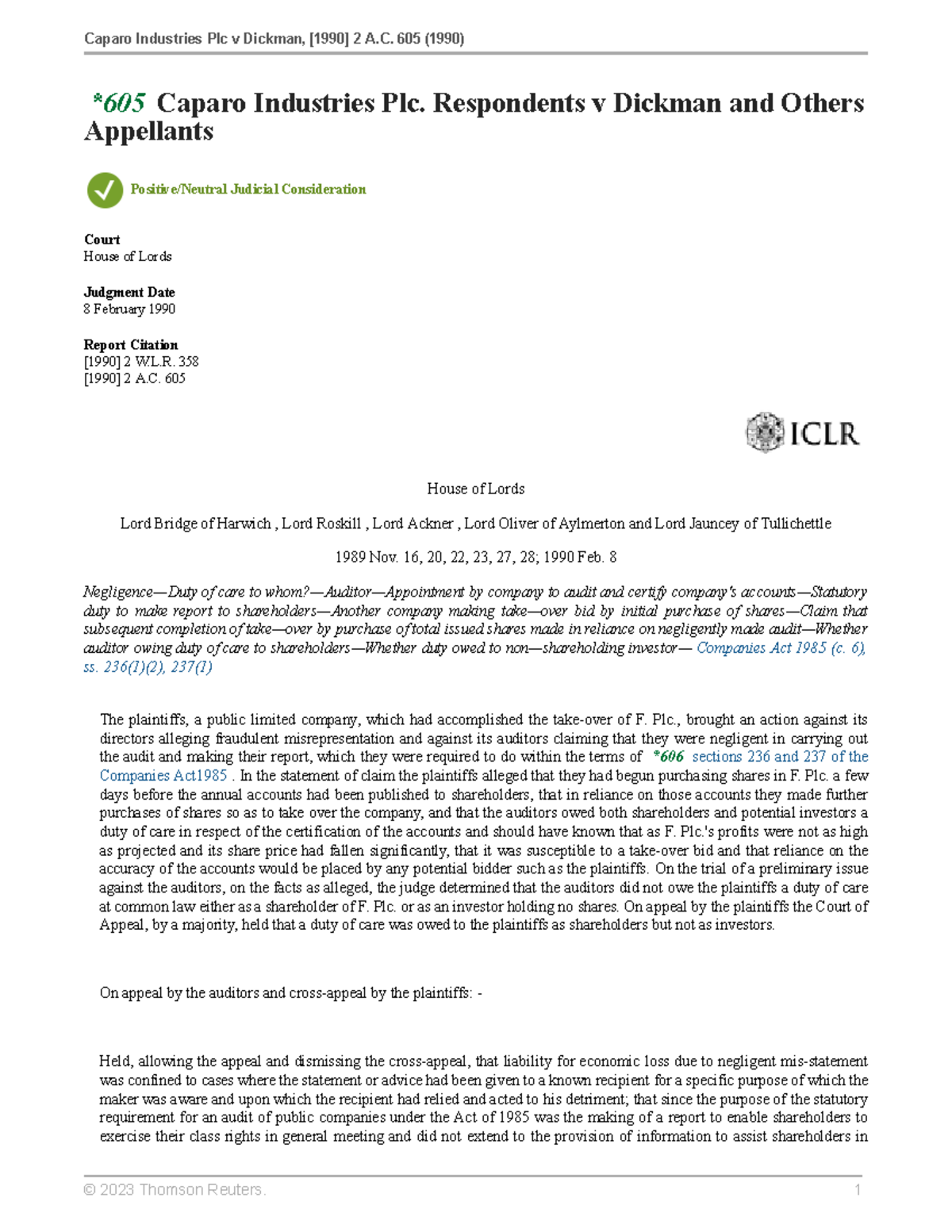 Caparo Industries Plc v Dickman: House of Lords Judgment Analysis (1990 ...