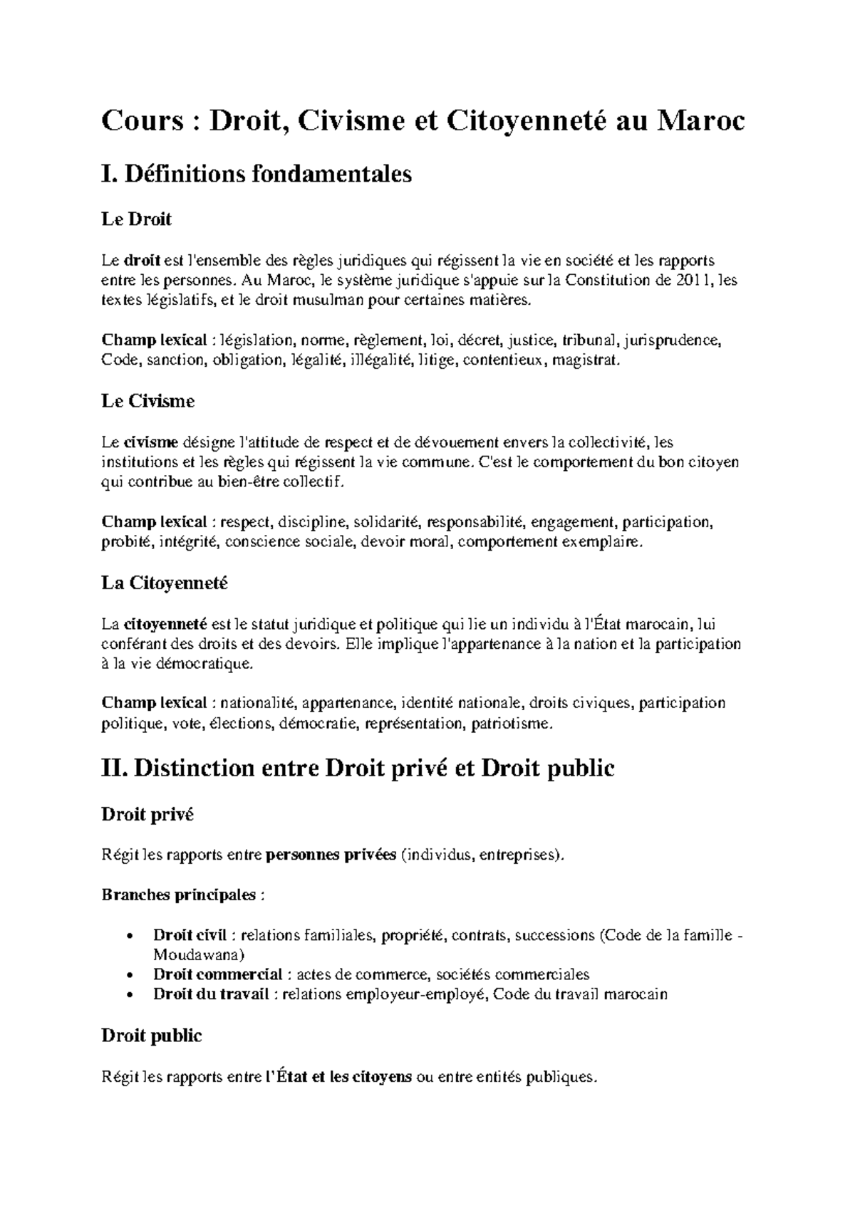 Cours : Droit, Civisme et Citoyenneté au Maroc I - Concepts et ...