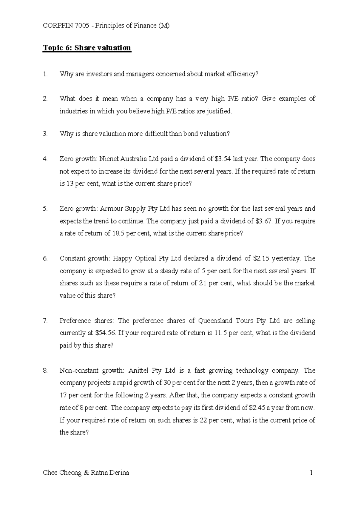 Topic 6 - CORPFIN 7005 - Principles of Finance (M) Chee Cheong & Ratna ...