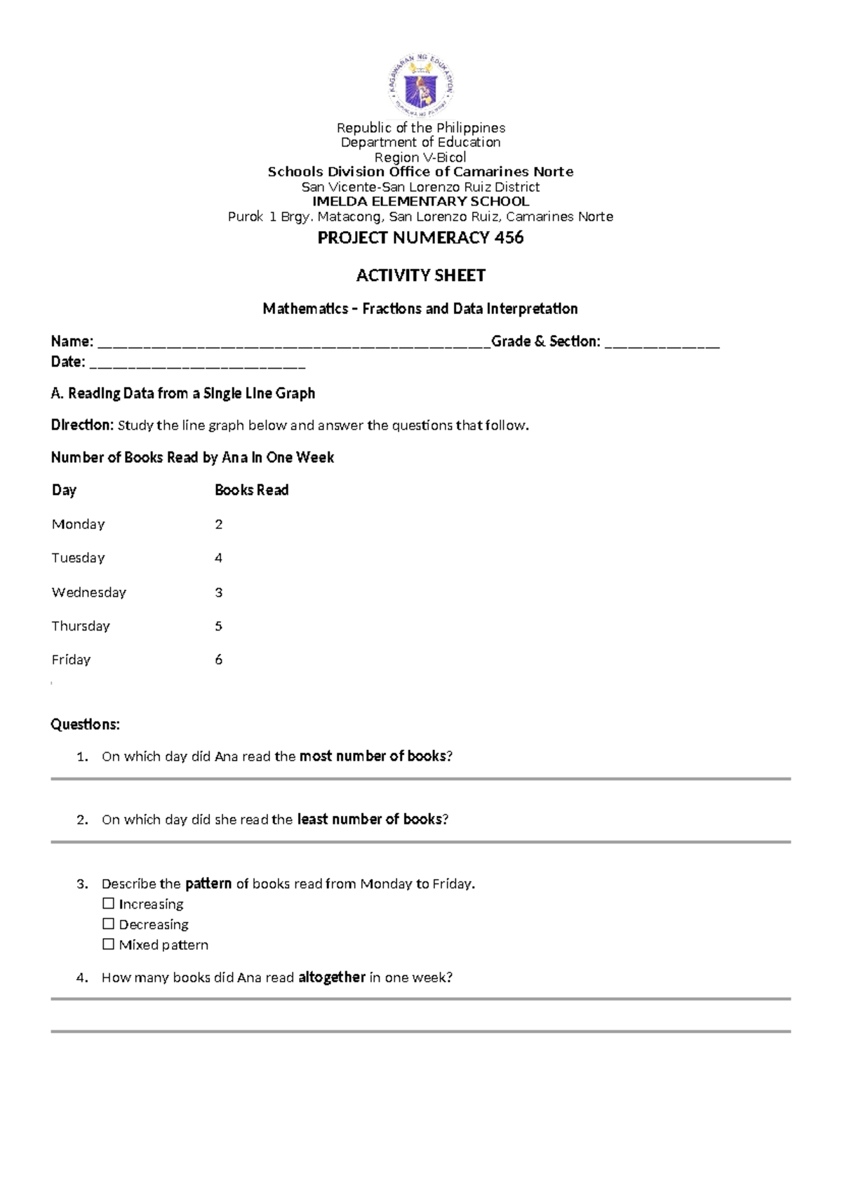 Project Numeracy 456 Activity Sheet: Fractions & Data Interpretation ...