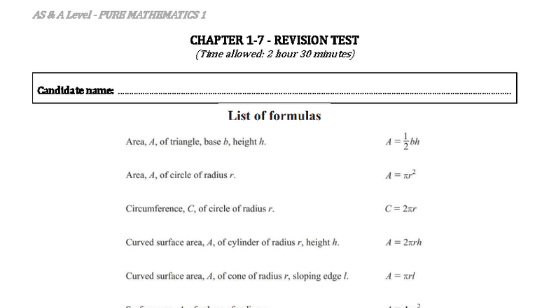 AS A Level PURE MATHEMATICS 1 CHAPTER 1-7 REVISION TEST - Studocu