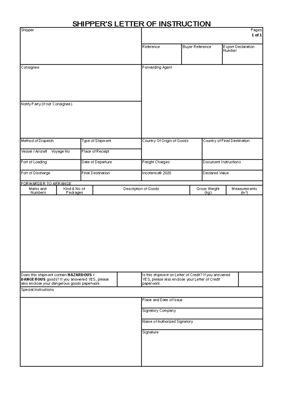 Shipper's Letter of Instruction (SLI) for Export Shipment - Studocu