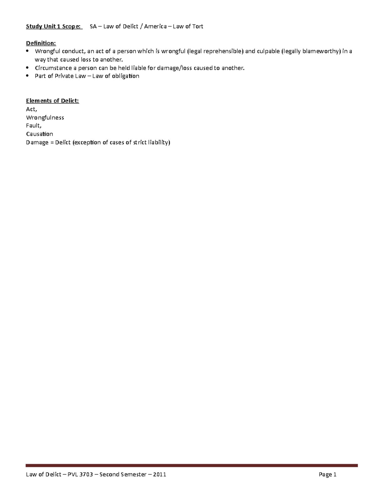 IURI 273 Final Exam Summary: Key Concepts in Law of Delict - Studocu