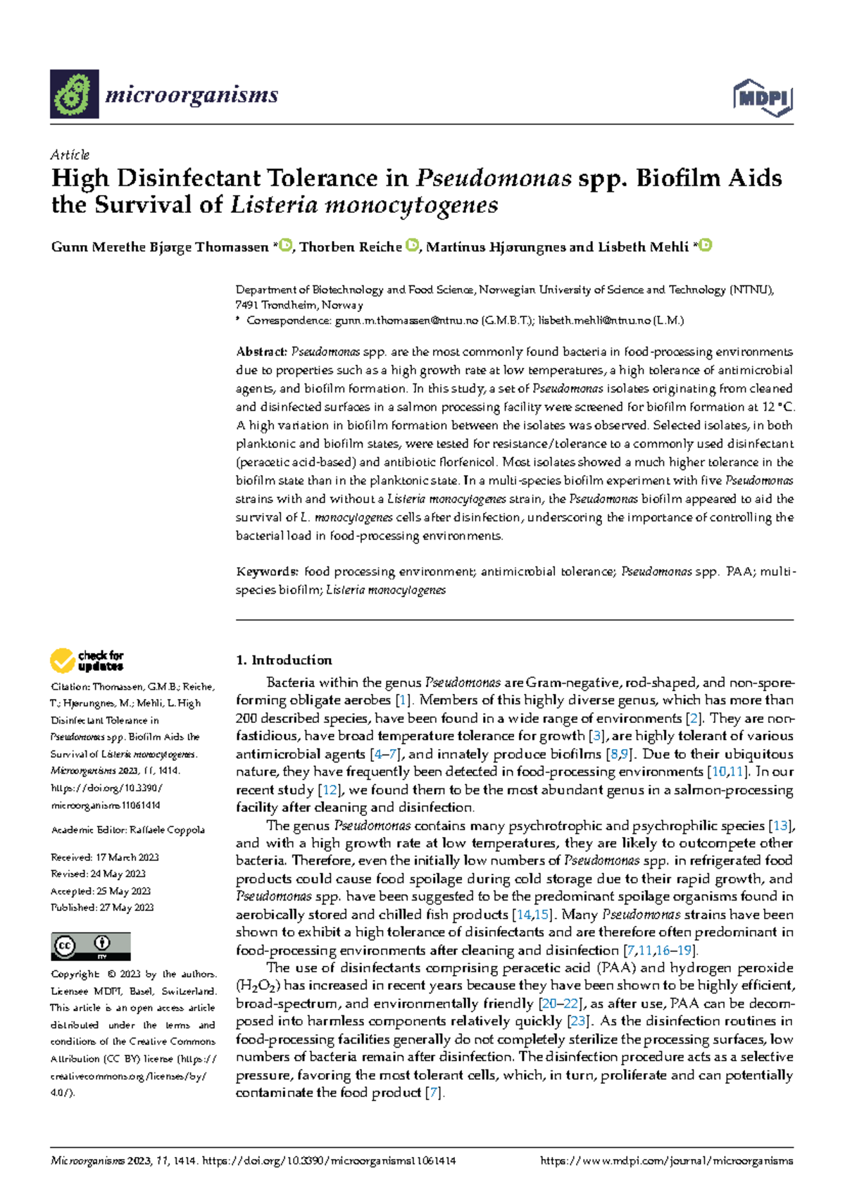 High Disinfectant Tolerance in Pseudomonas spp. Biofilms and Listeria ...