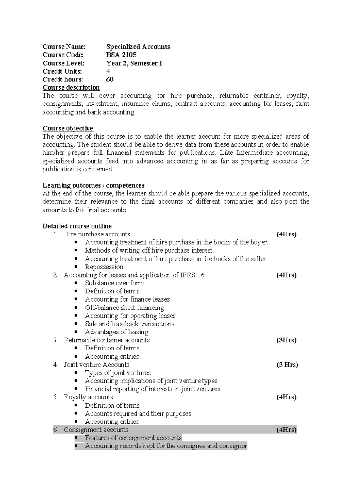 Specialized Accounts Course Outline for BSA 2105 - Year 2, Sem I - Studocu