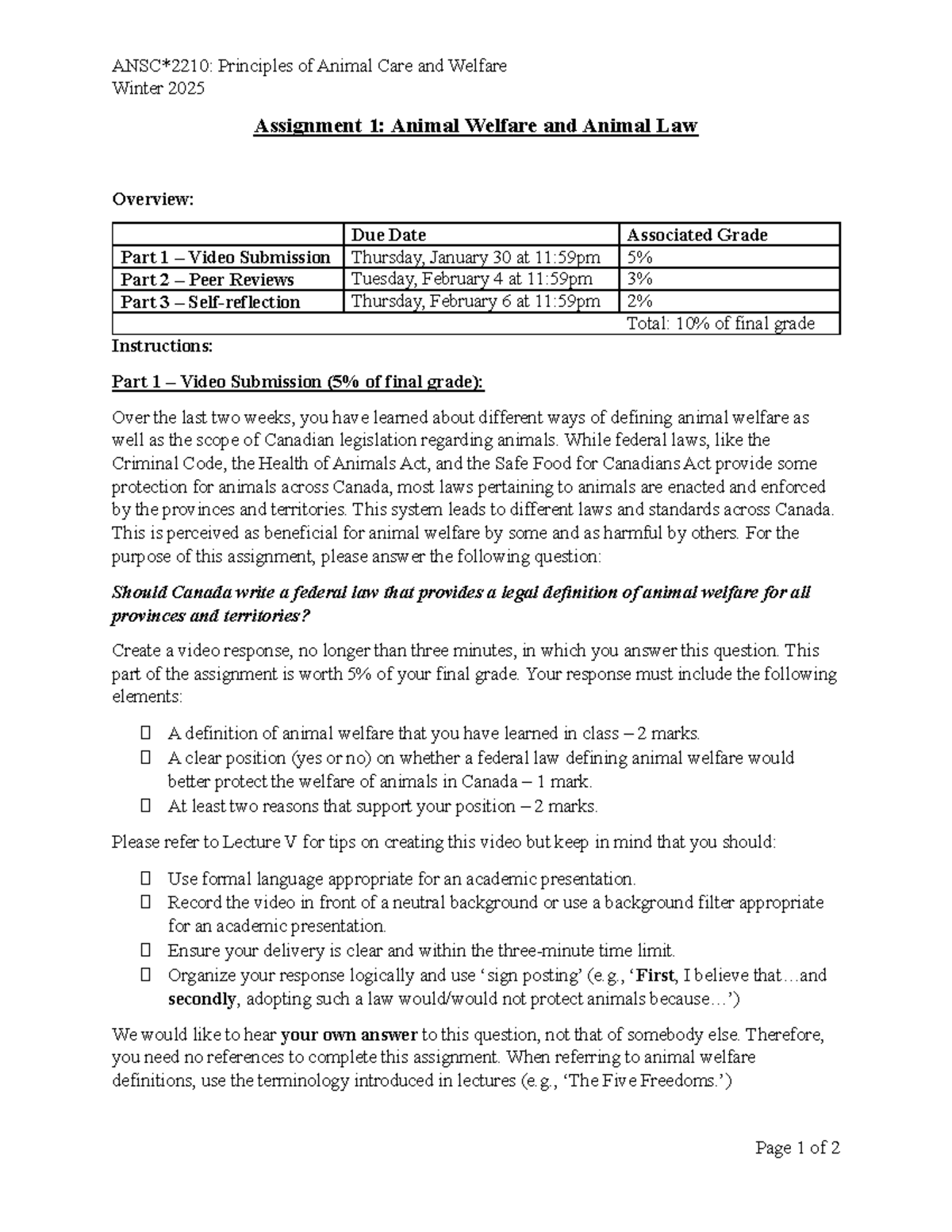 ANSC2210 Assignment 1: Animal Welfare & Law Submission Guide - Studocu