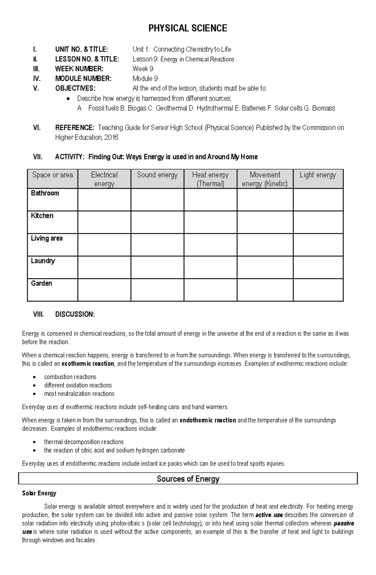 Module 9 Physical Science sources of energy - PHYSICAL SCIENCE I. UNIT ...
